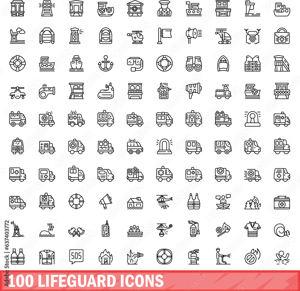 100 lifeguard icons set. Outline illustration of 100 lifeguard icons ...