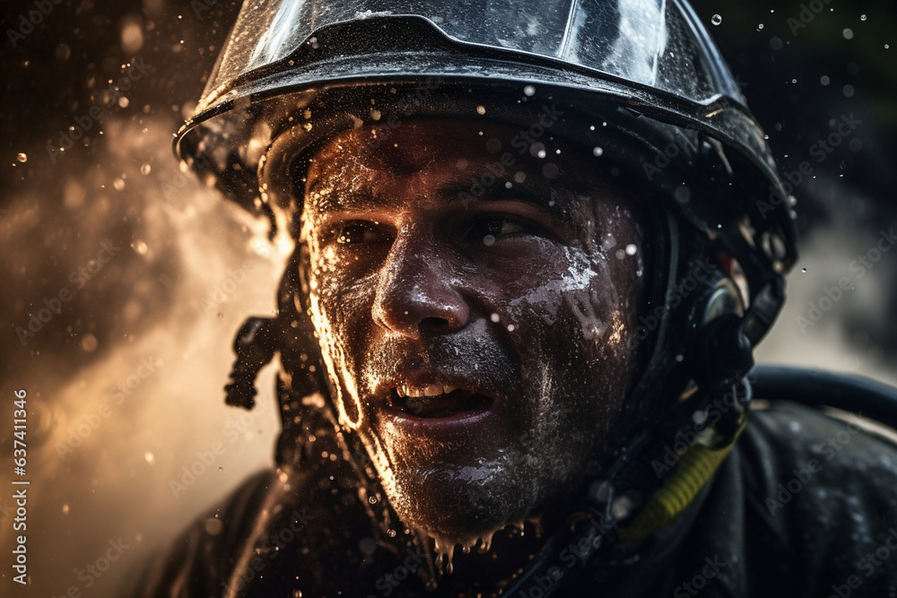 A firefighter in action, framed by cascading water from a fire hose ...