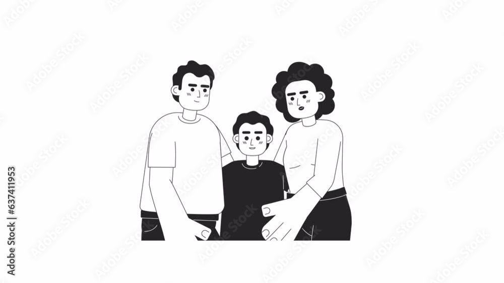 Diverse parents hugging with smiling son bw 2D characters animation ...