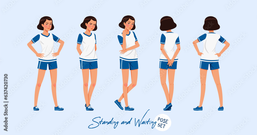 Sporty teenage active girl set standing, waiting poses. Young woman ...