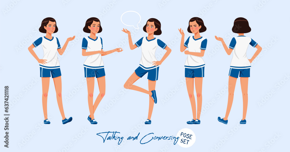 Sporty teenage girl set talking, conversation poses. Young woman ...