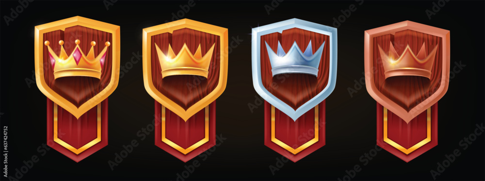 3D game shield badge vector set, level up medieval RPG royal crown ...