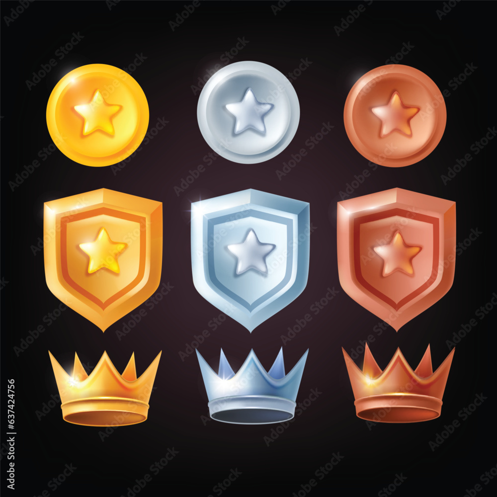 Vetor de 3D game badge vector kit, level up UI medal set, ranking ...