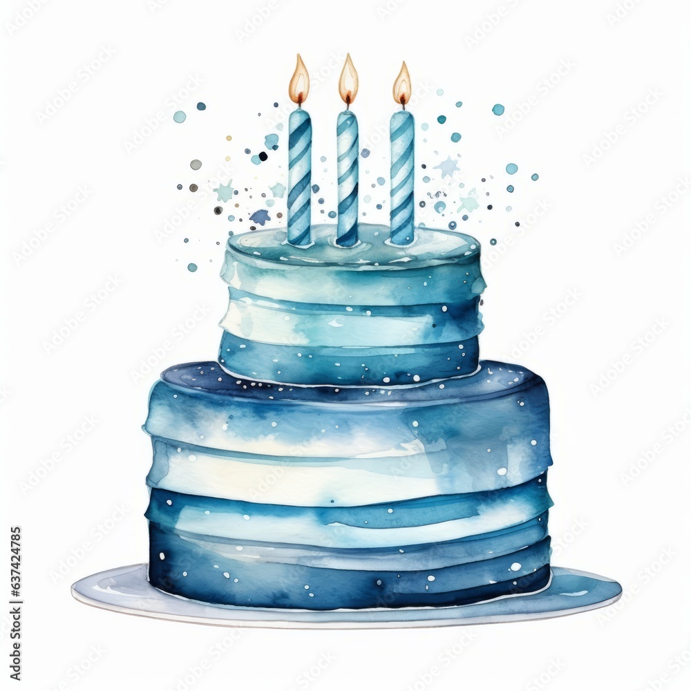 Blue birthday cake with burning candle. Watercolor illustration ...
