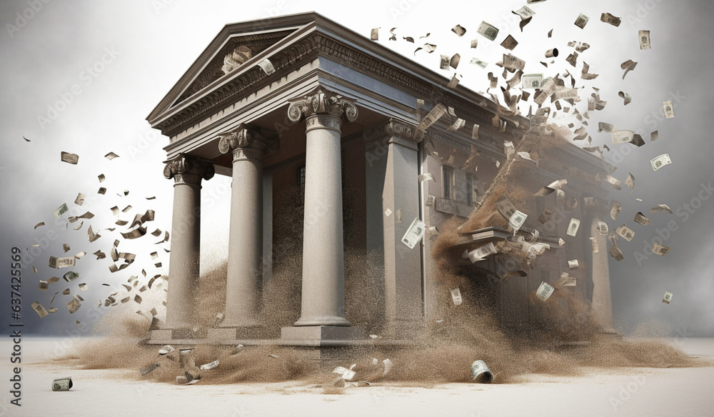 Collapsing bank building. Financial crisis, stock market crash or ...