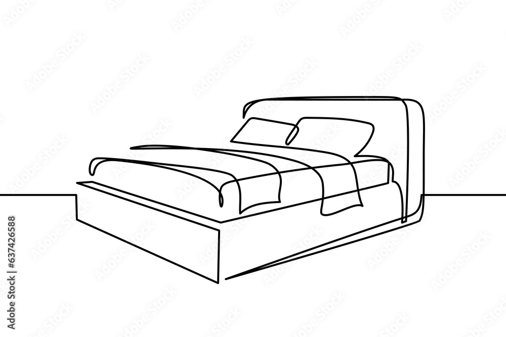 Bed in continuous line art drawing style. Double-size bed with bedding ...