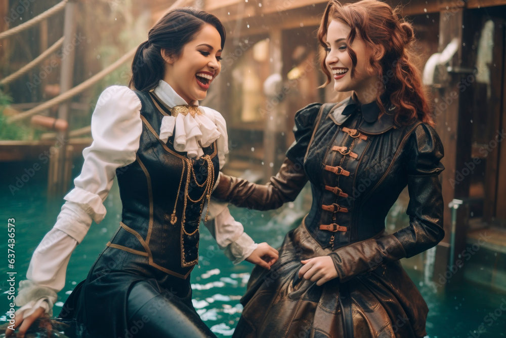 Steampunk wetlook - two young women in steampunk clothes having fun in ...