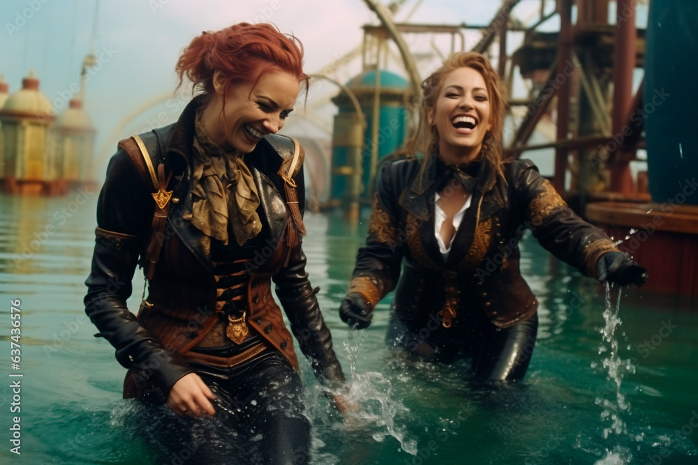 Steampunk wetlook - two young women in steampunk clothes having fun in ...