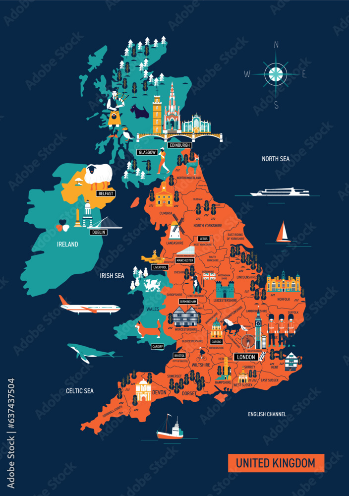 Vector illustration of Great Britain map with landmarks, destinations ...