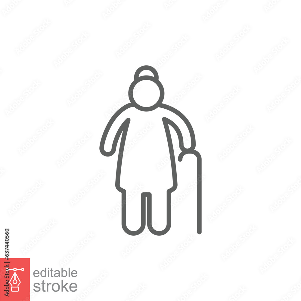 Old woman icon. Simple outline style. Person with cane, stick, elder ...