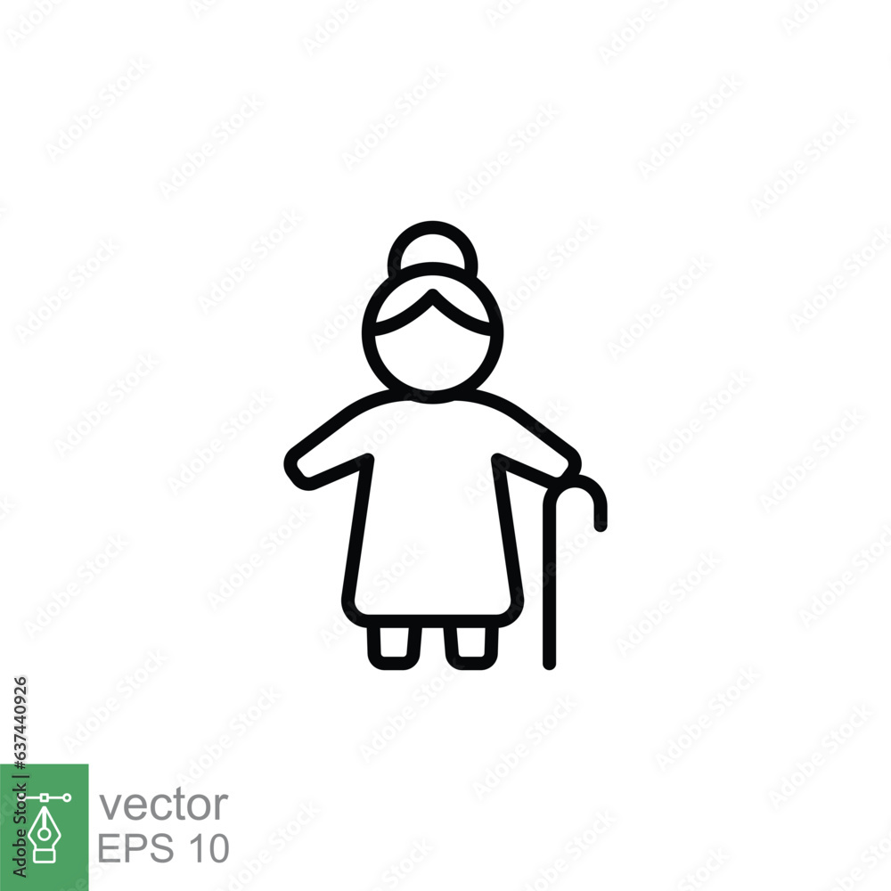 Old woman icon. Simple outline style. Person with cane, stick, elder ...