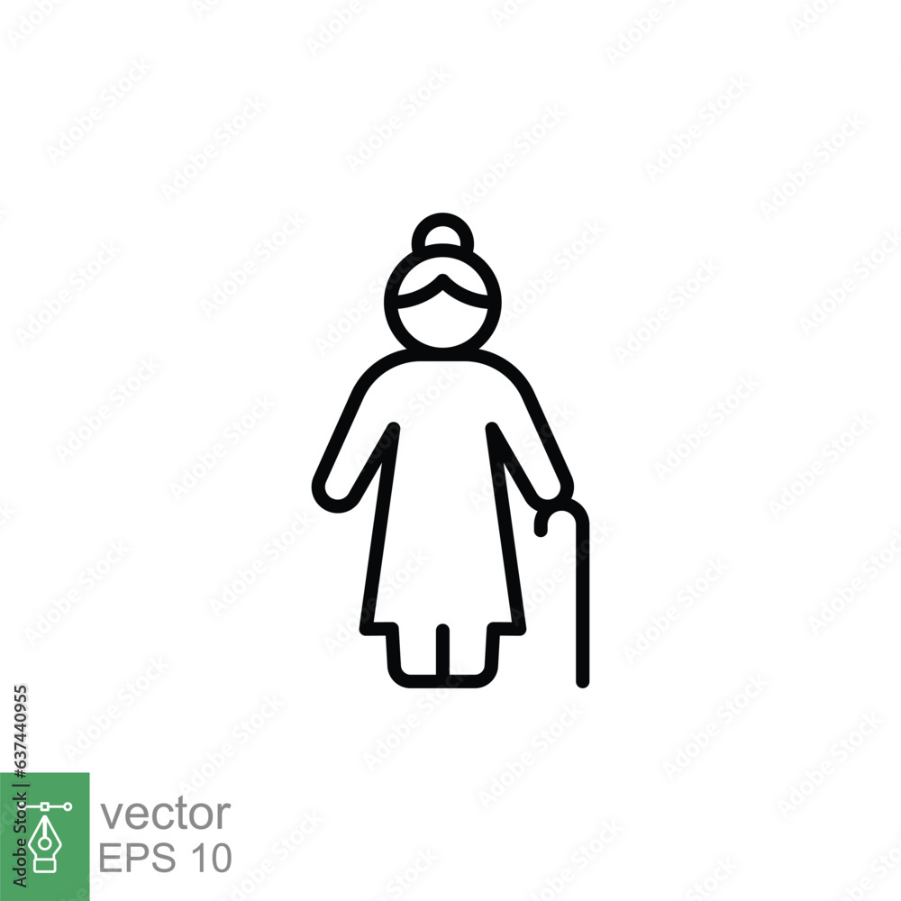 Old woman icon. Simple outline style. Person with cane, stick, elder ...