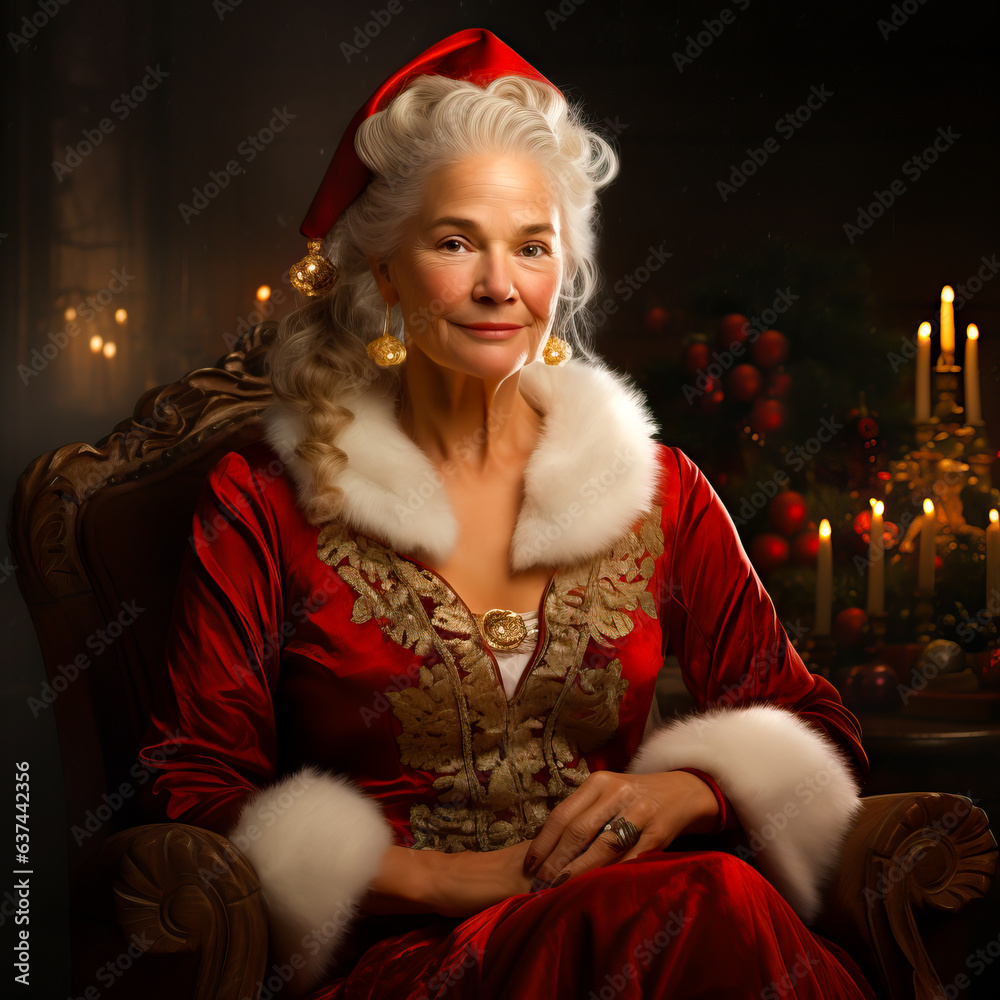 Mrs Santa Claus, the wife of father Christmas, sitting in a chair in ...