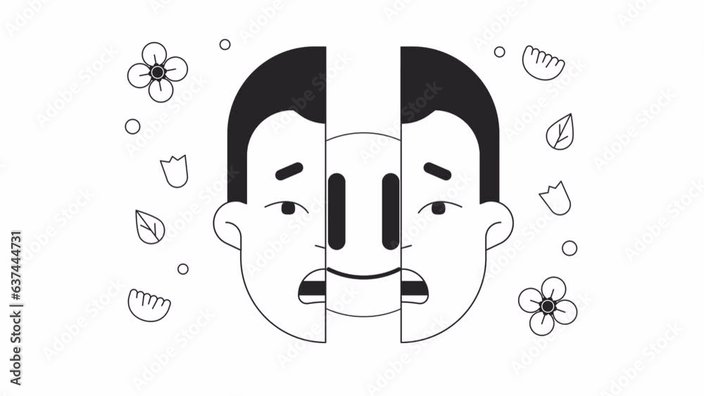 Shy guy split face bw outline 2D animation. Introvert hiding feelings ...