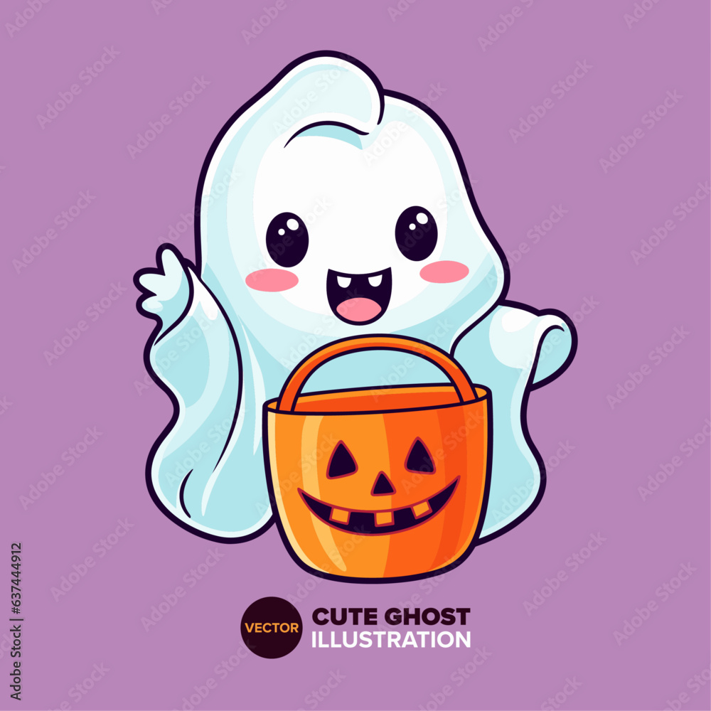 Ghostly Gathering: Cute Vector Cartoon Illustration of Candy-Carrying ...