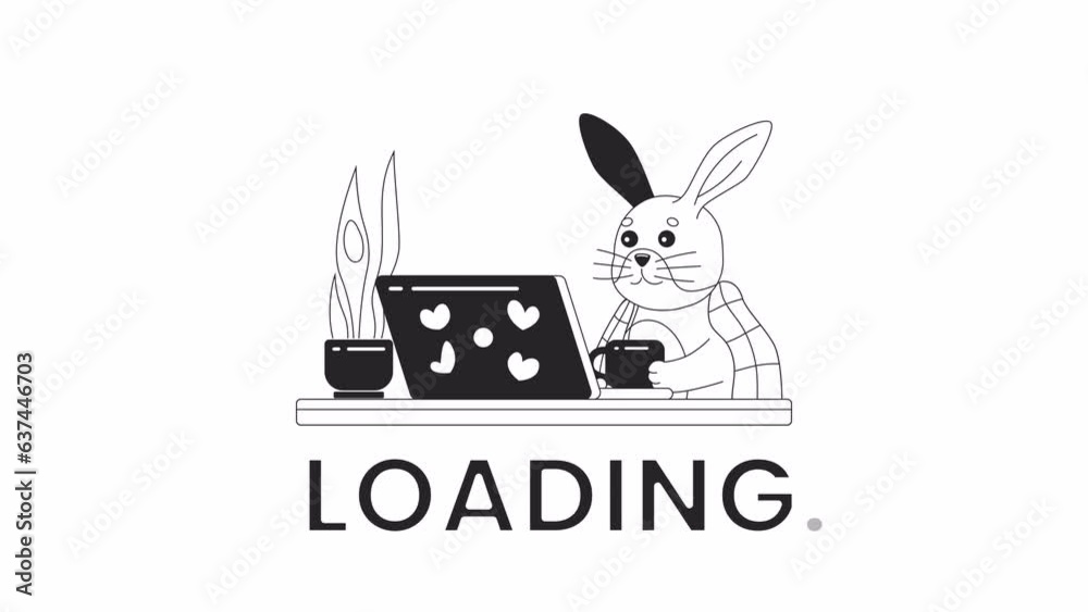 Cute rabbit drinking tea at laptop black and white loading animation ...