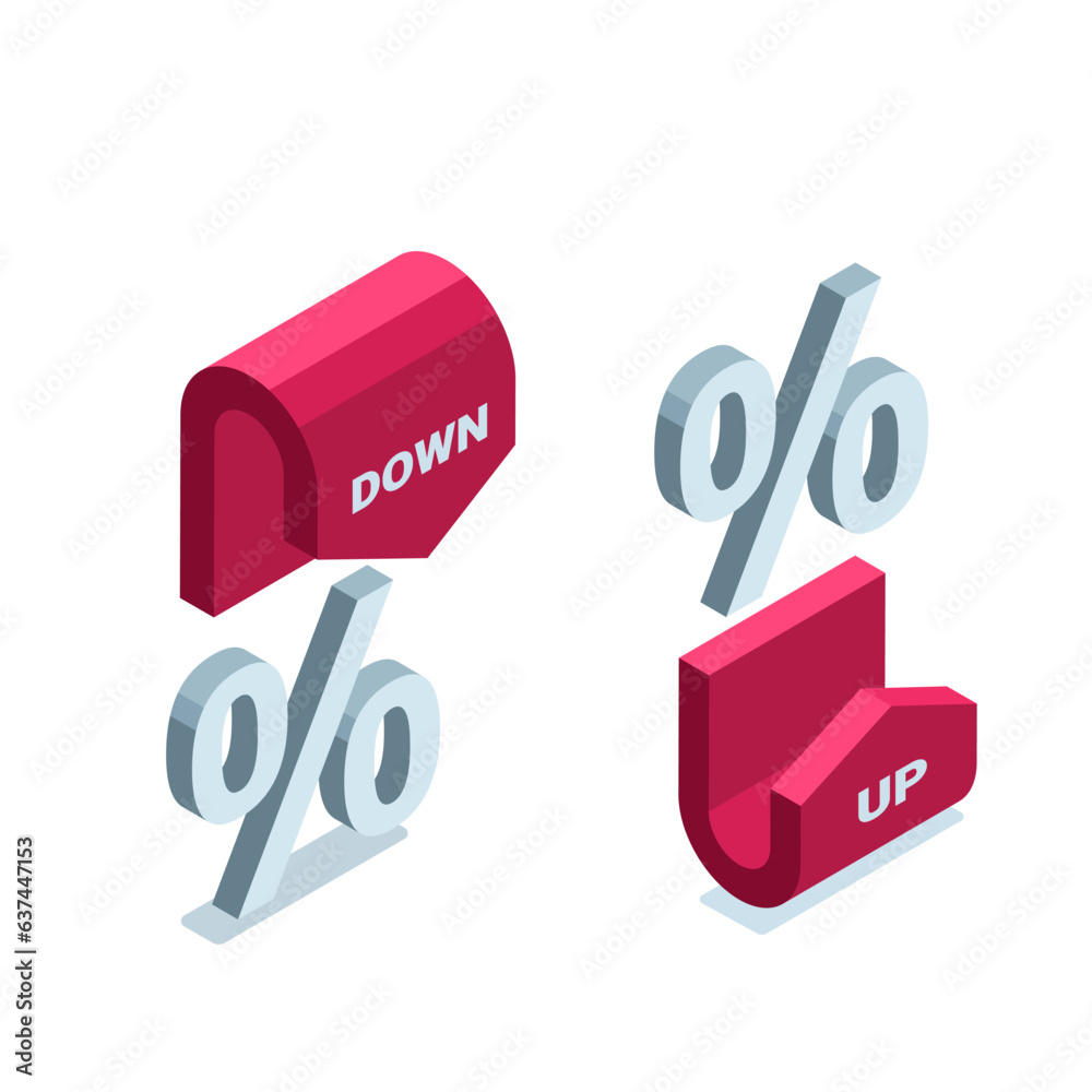 percent isometric icon and up and down arrows in color on a white ...