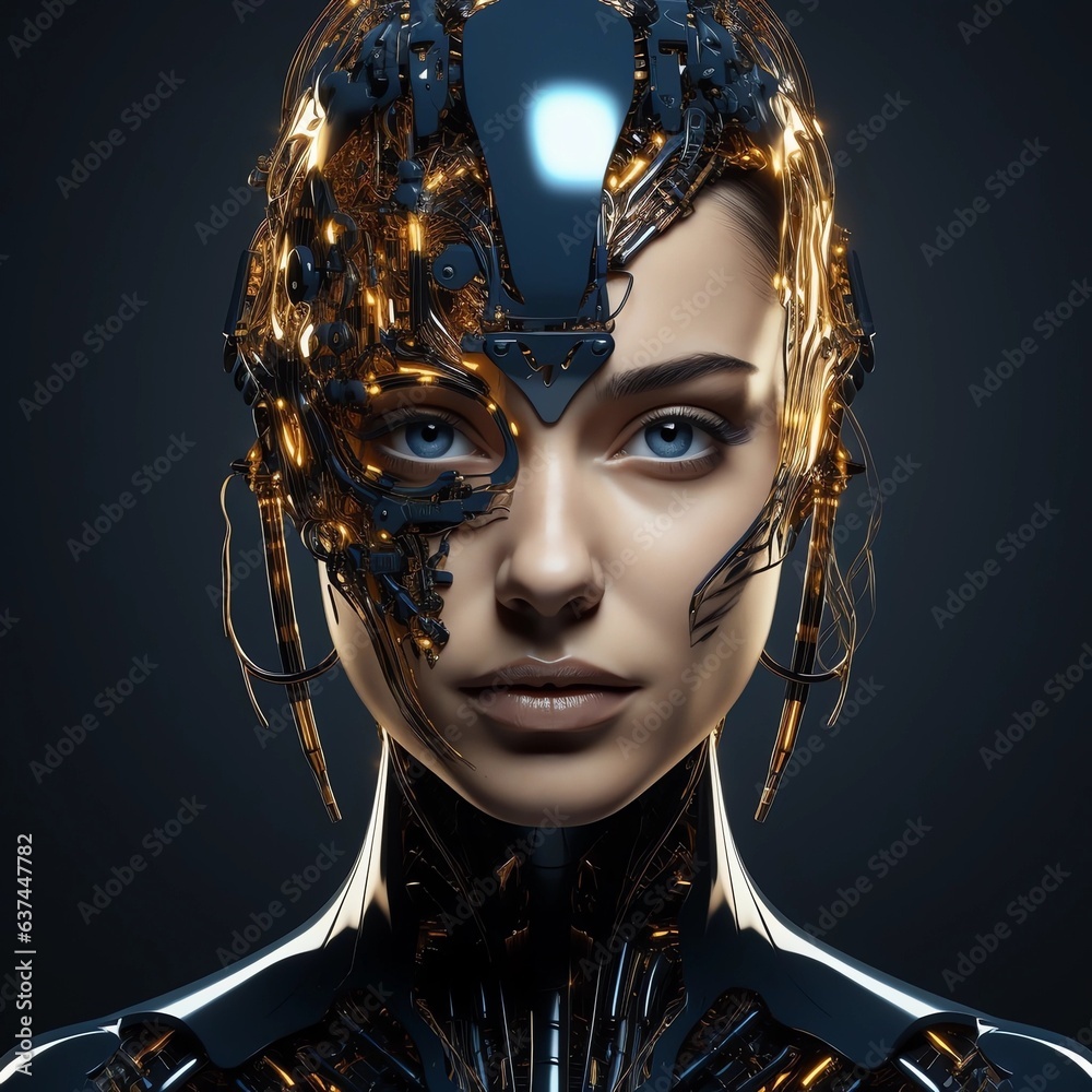 Female Android Face On Dark Background Artificial Intelligence Concept Futuristic Robot Head