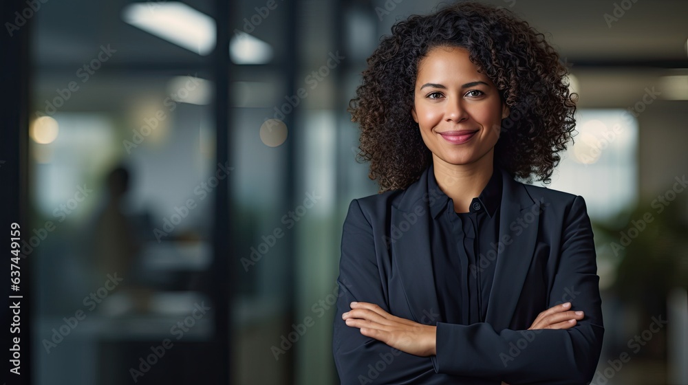 a horizontal layout of an ethnic businesswoman CEO, confident, smiling ...