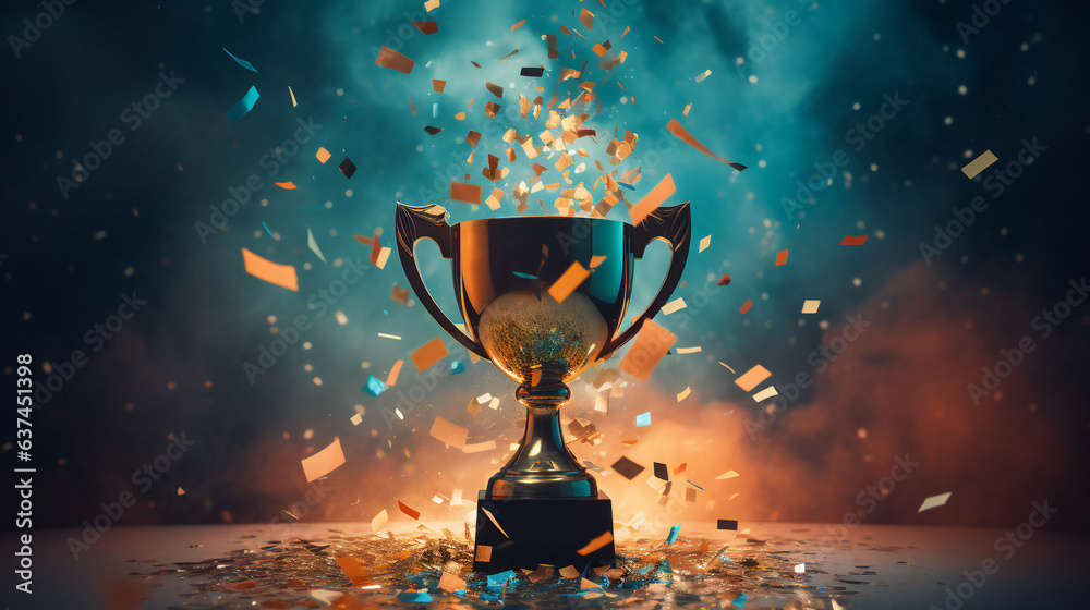 Win concept. Champion Award gold cup, Golden winner's cup in the middle ...