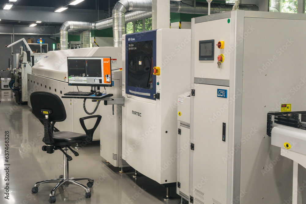 production line for printed circuit board, automatic chip mounter Stock ...