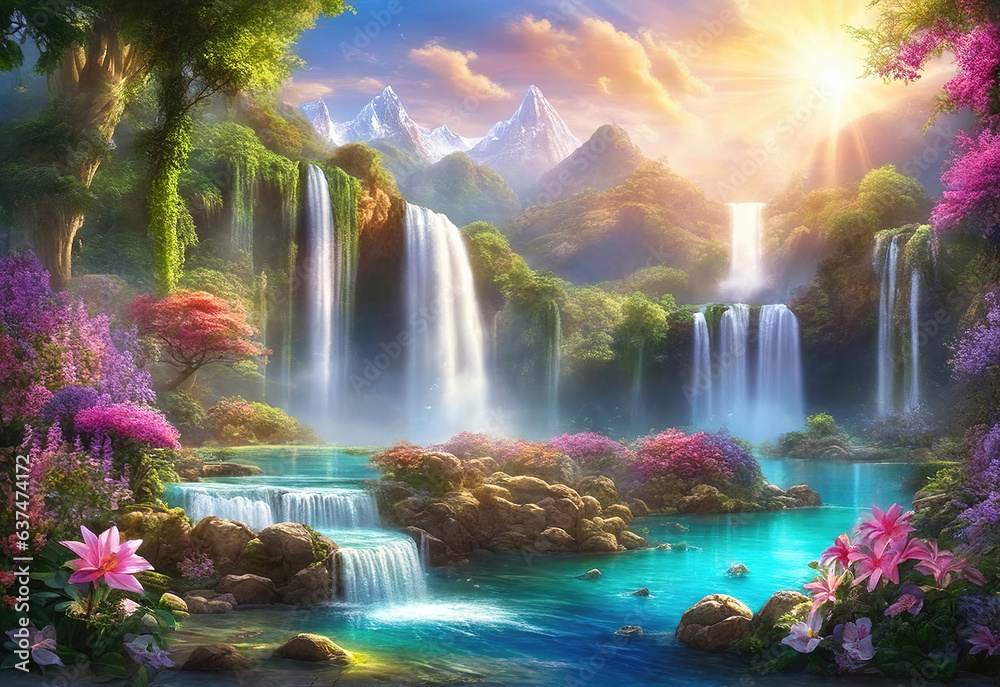 Paradise landscape with beautiful gardens, waterfalls and flowers ...