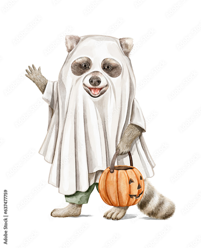 Watercolor cute raccoon character in halloween ghost costume in white ...