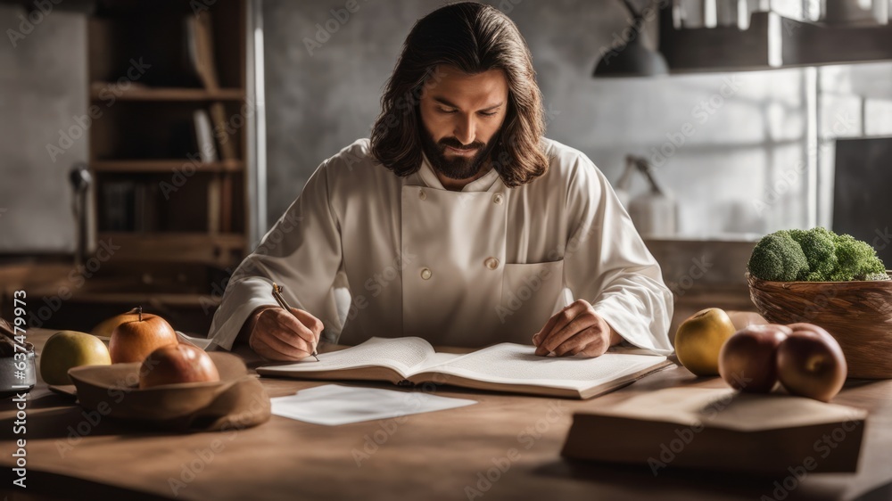 Jesus Christ dressed as a chef sits in the kitchen writing a new recipe ...