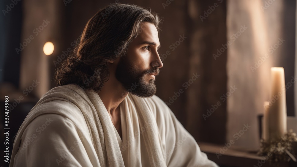 Jesus Christ sits in a room and looks toward a window, side light Stock ...