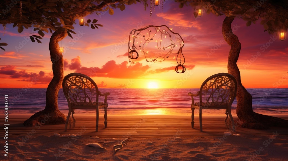 Romantic sunset scene, on the beach with chairs and tree, wedding ...
