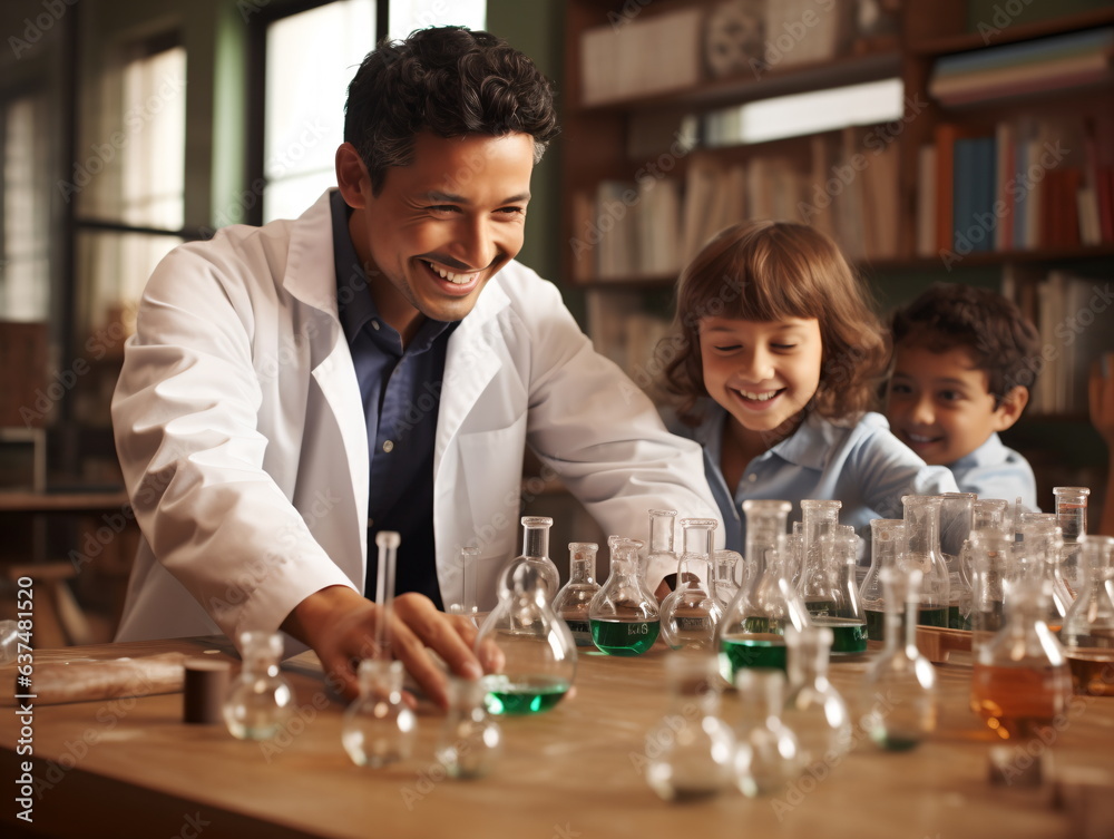 Large group of diverse children wearing lab coats in chemistry class ...