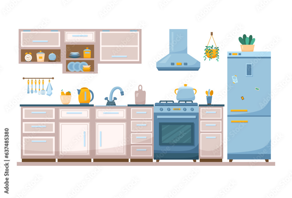 Vetor de Flat kitchen concept with fridge and sink. Interior items of ...