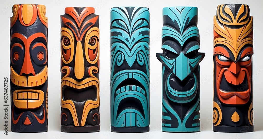 Tiki carvings on white background, elongated random shapes, caricature ...