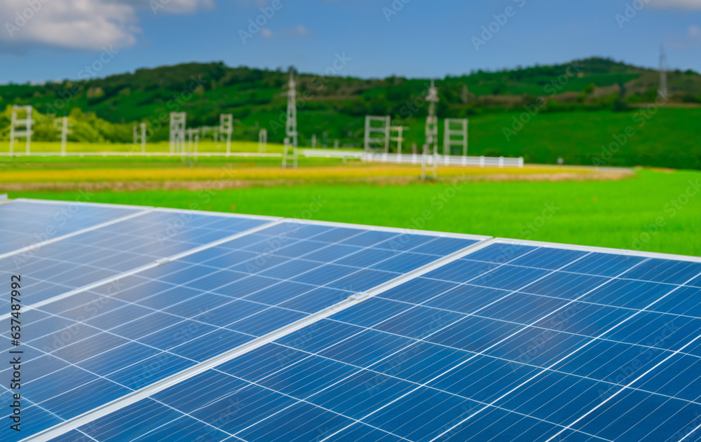 Rice green field and solar cells panel made energy for water pump ...