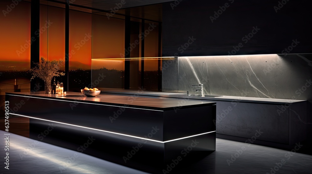 Minimalist night kitchen corner with illuminated light strip ...