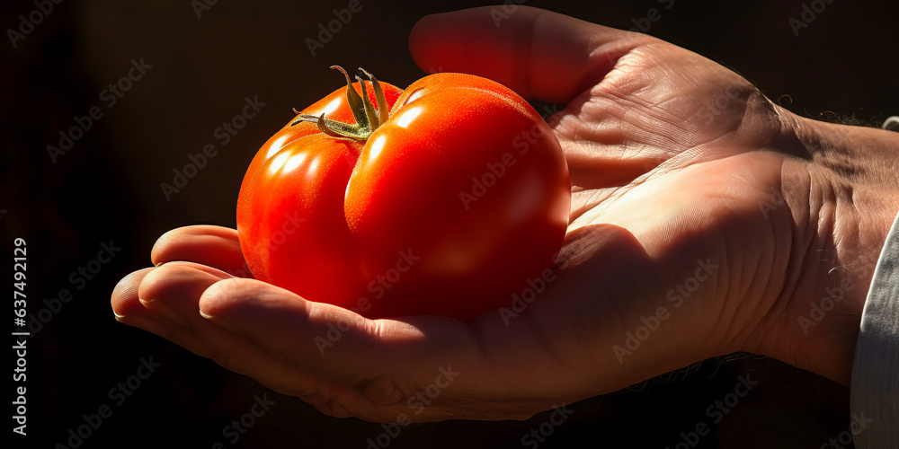 Radiant, sun-ripened tomato cradled in man's hands, vivid texture ...