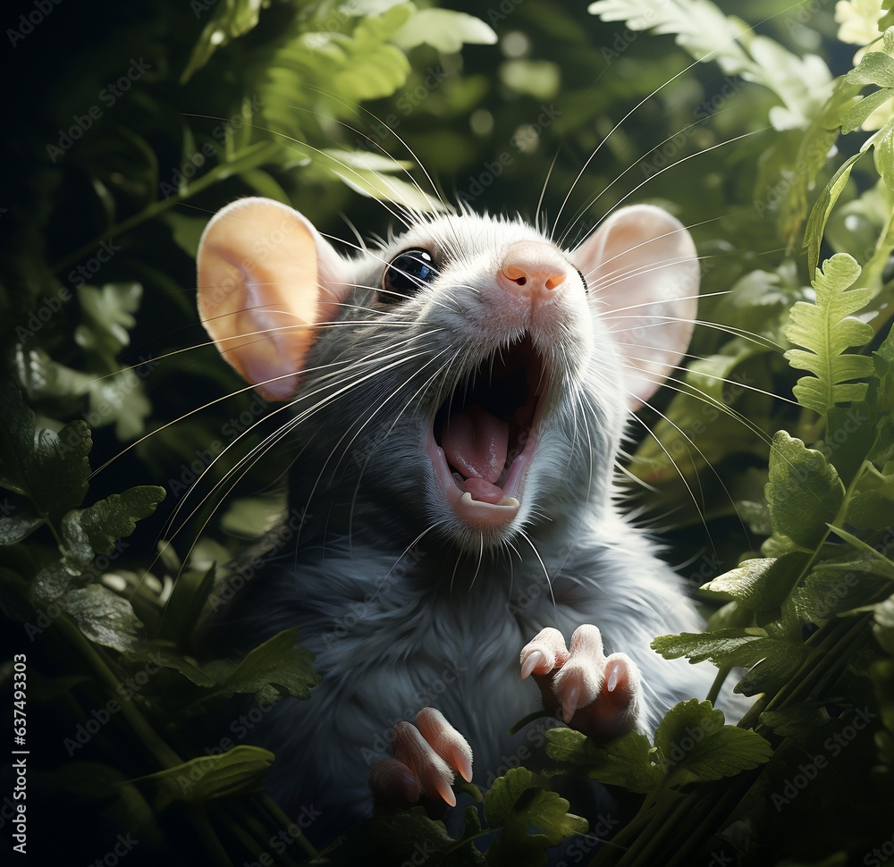 a black and white mouse looking up out of the bushes and saying with ...