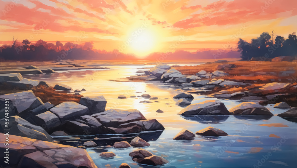 Sunrise over a river with rocks along the river, sunshine on the river ...