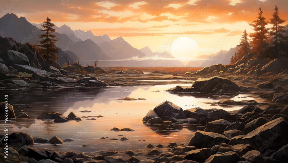 Sunrise over a river with rocks along the river, sunshine on the river ...