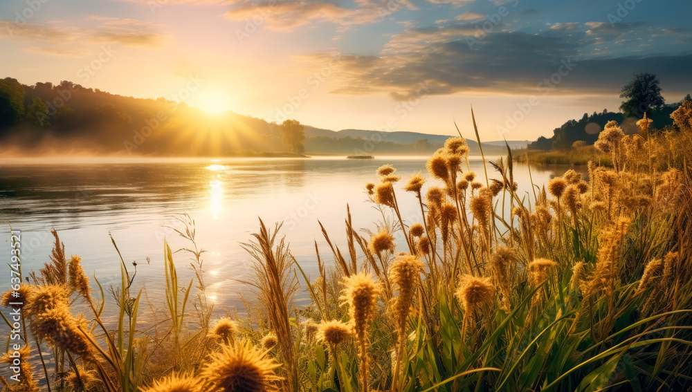 Sunrise over a river with rocks along the river, sunshine on the river ...