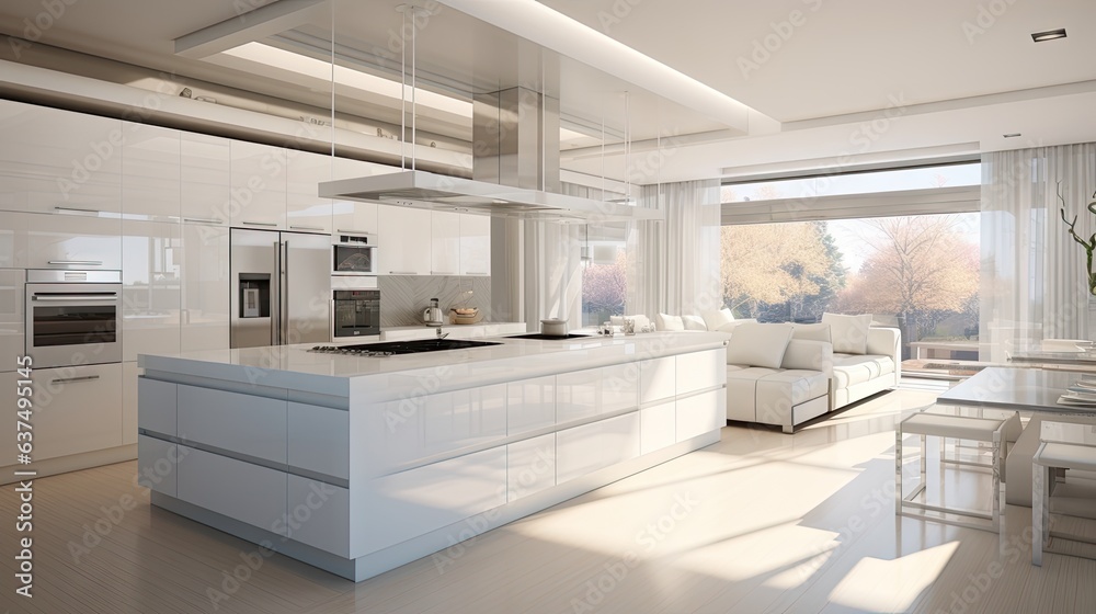 Contemporary spacious high end white kitchen, full frontal perspective ...