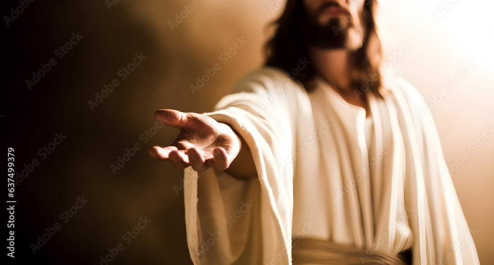 Jesus Christ reaching out his hand against bright background ilustração ... Jesus Christ reaching out his hand against bright background ilustração ...
