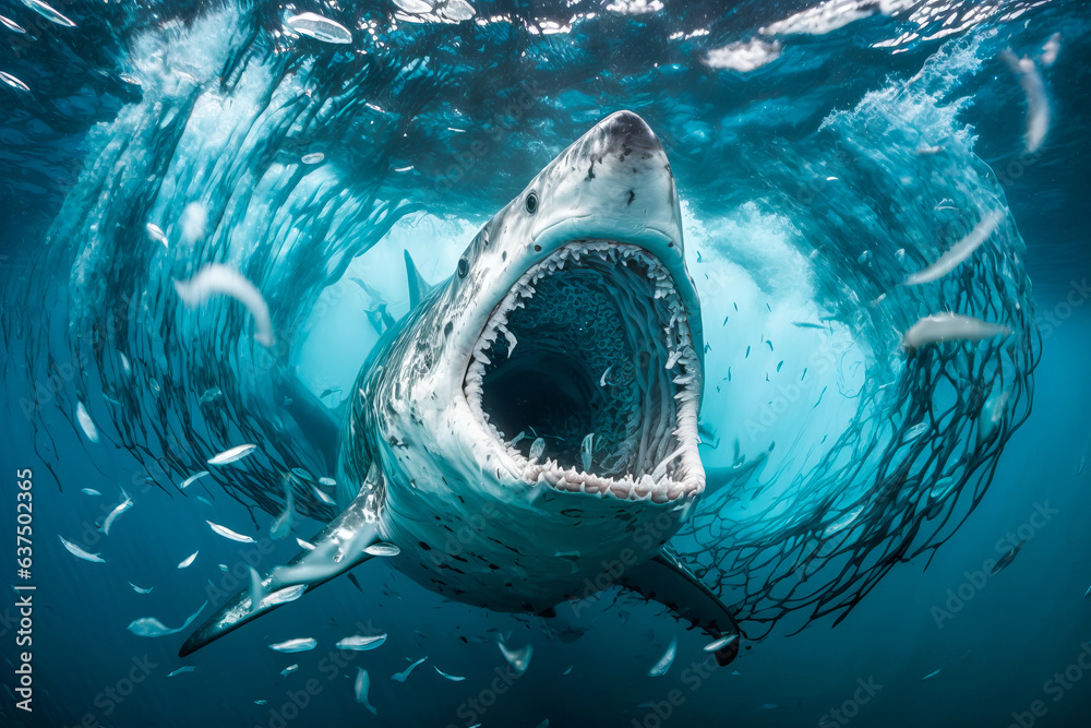 Striking image of a large white shark swimming amidst plastic debris ...