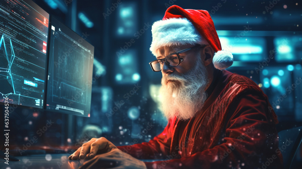 Close-up shot of employe computer screen with Santa Claus typing ...