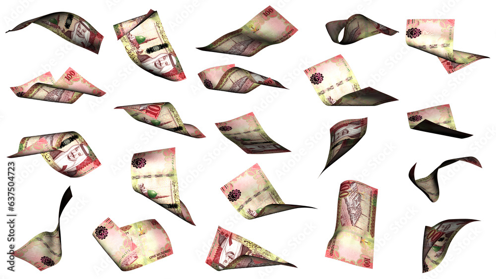 3D rendering of 100 Saudi Arabian riyal notes flying in different ...