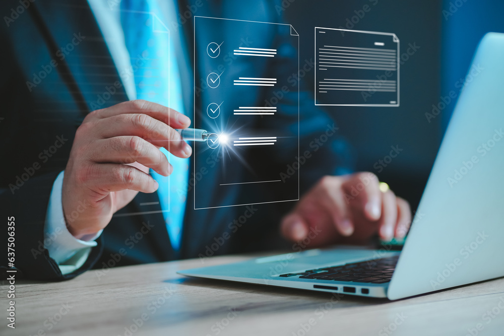 Business performance checklist, businessman using laptop doing online ...