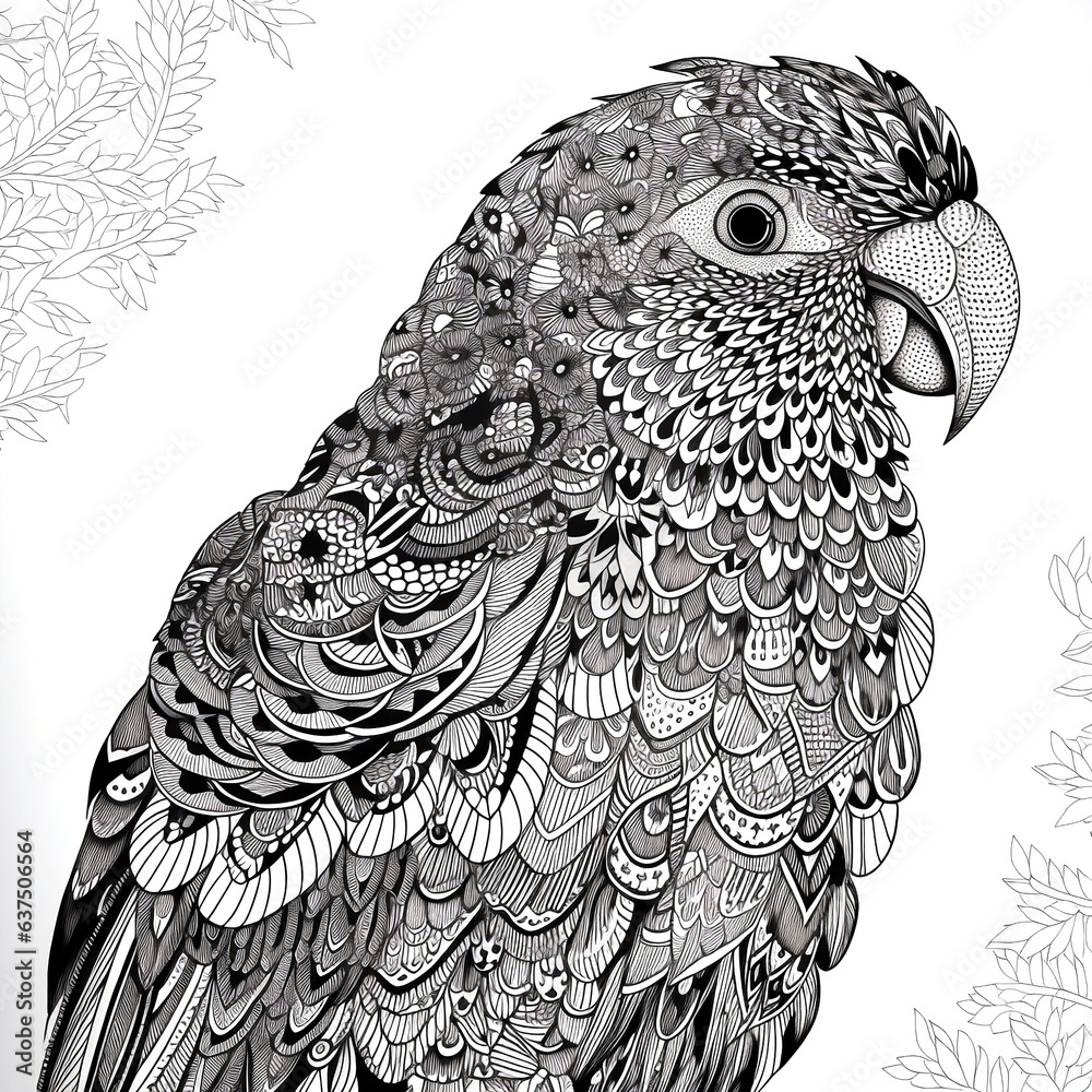 Mandala parrot head coloring page for adults. Animal coloring page for ...
