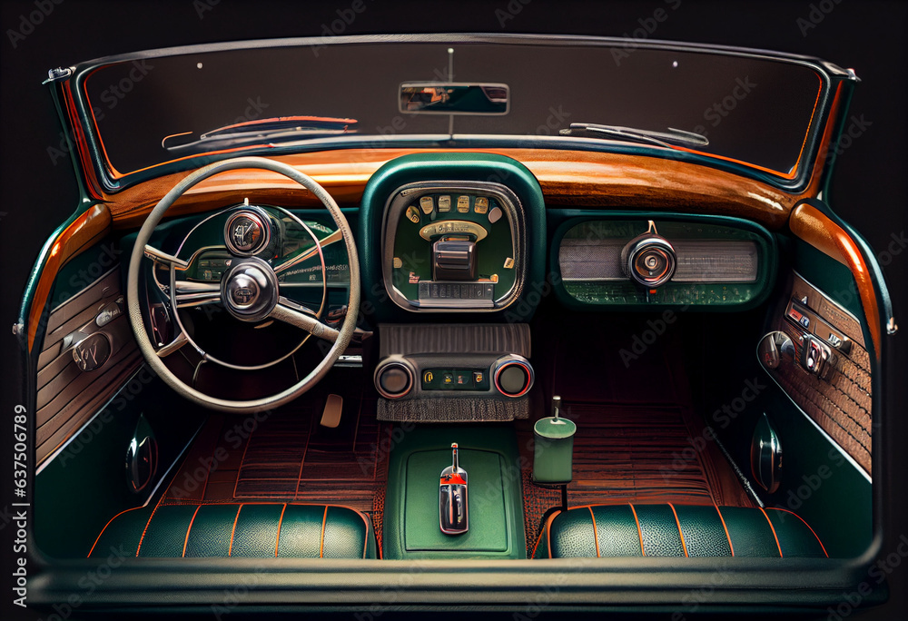 Dashboard and steering wheel of an old fashioned car. Style, car ...