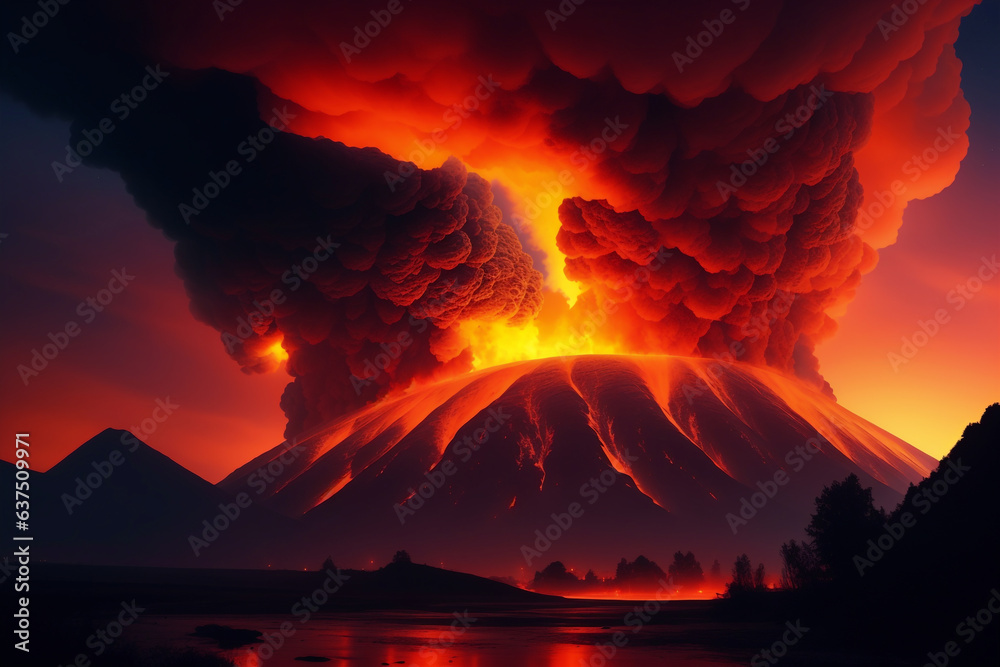 Volcanic eruption. A conical-shaped mountain with a fiery column of ash ...