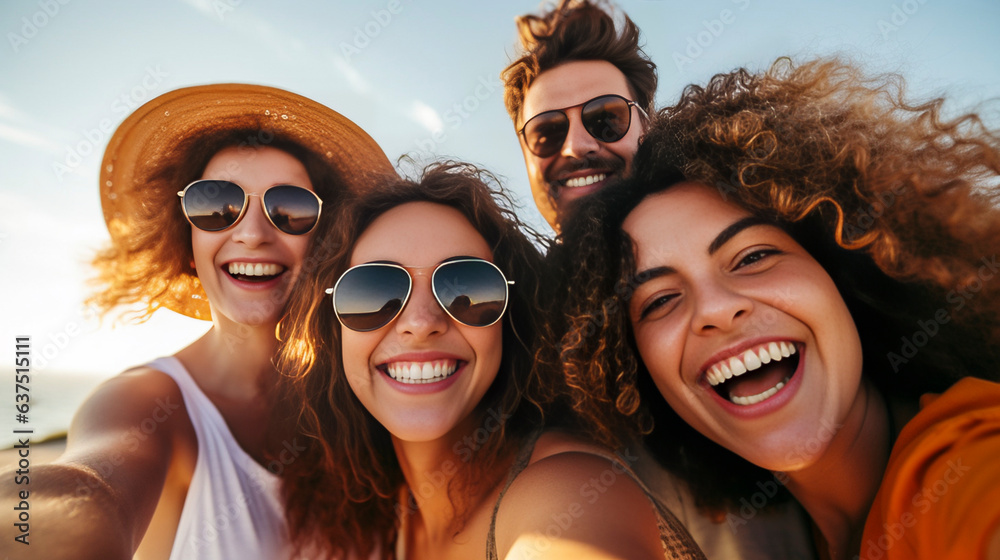 AI generated, selfie of a Group of happy friend on the beach, realistic ...